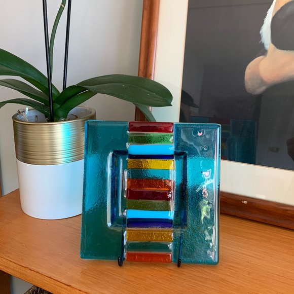 Hand Crafted | Accents | Glass Tray Handmade Blue With Multicolor Bars ...